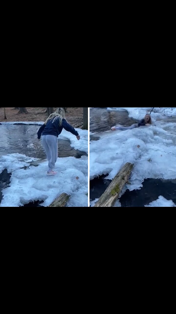 Epic fail: Woman slips and falls into frozen water