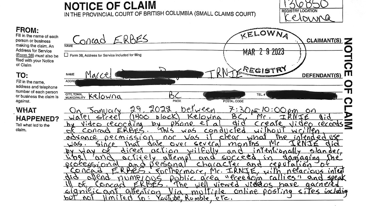 RCMP Conrad ERBES Suing Marcel Irnie For Slander via Youtube Videos ...