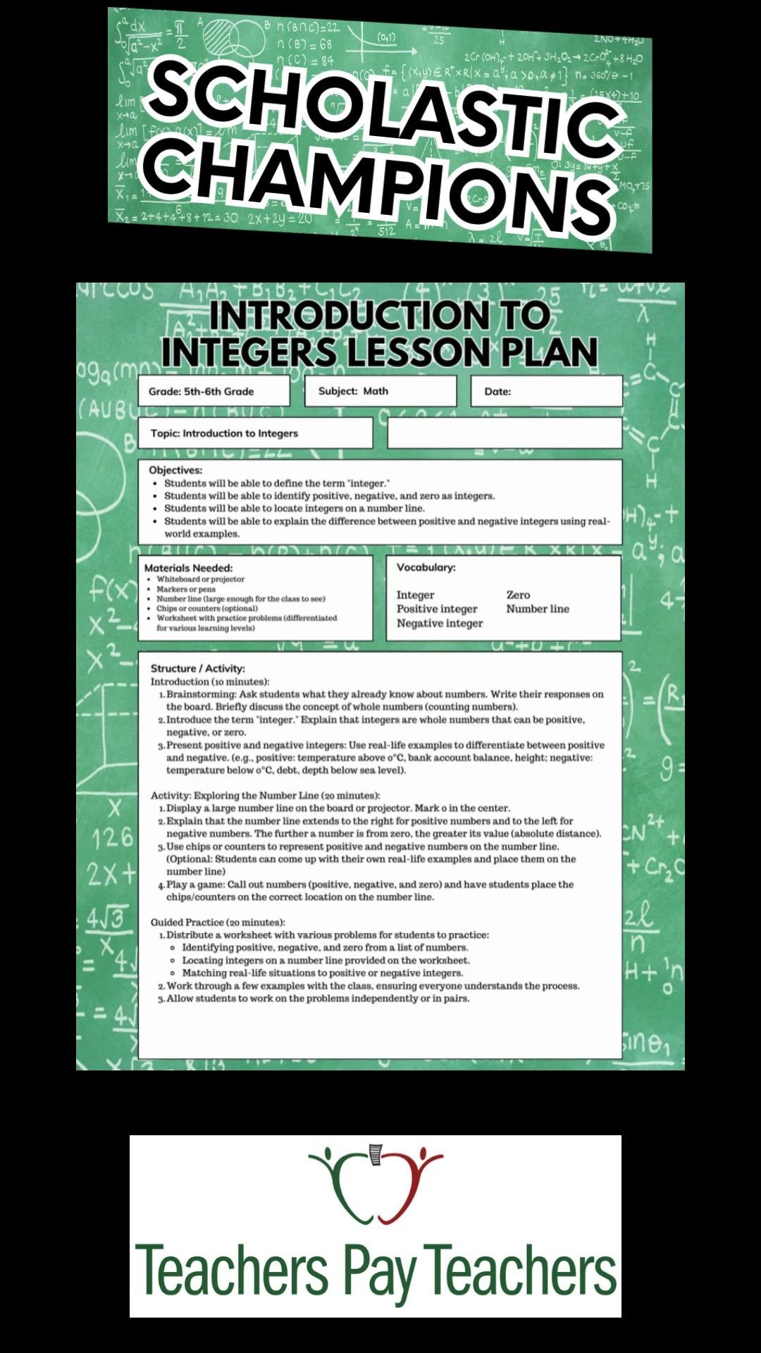INTRODUCTION TO INTEGERS-Lesson Plan for 5th/6th Grade Middle School Math