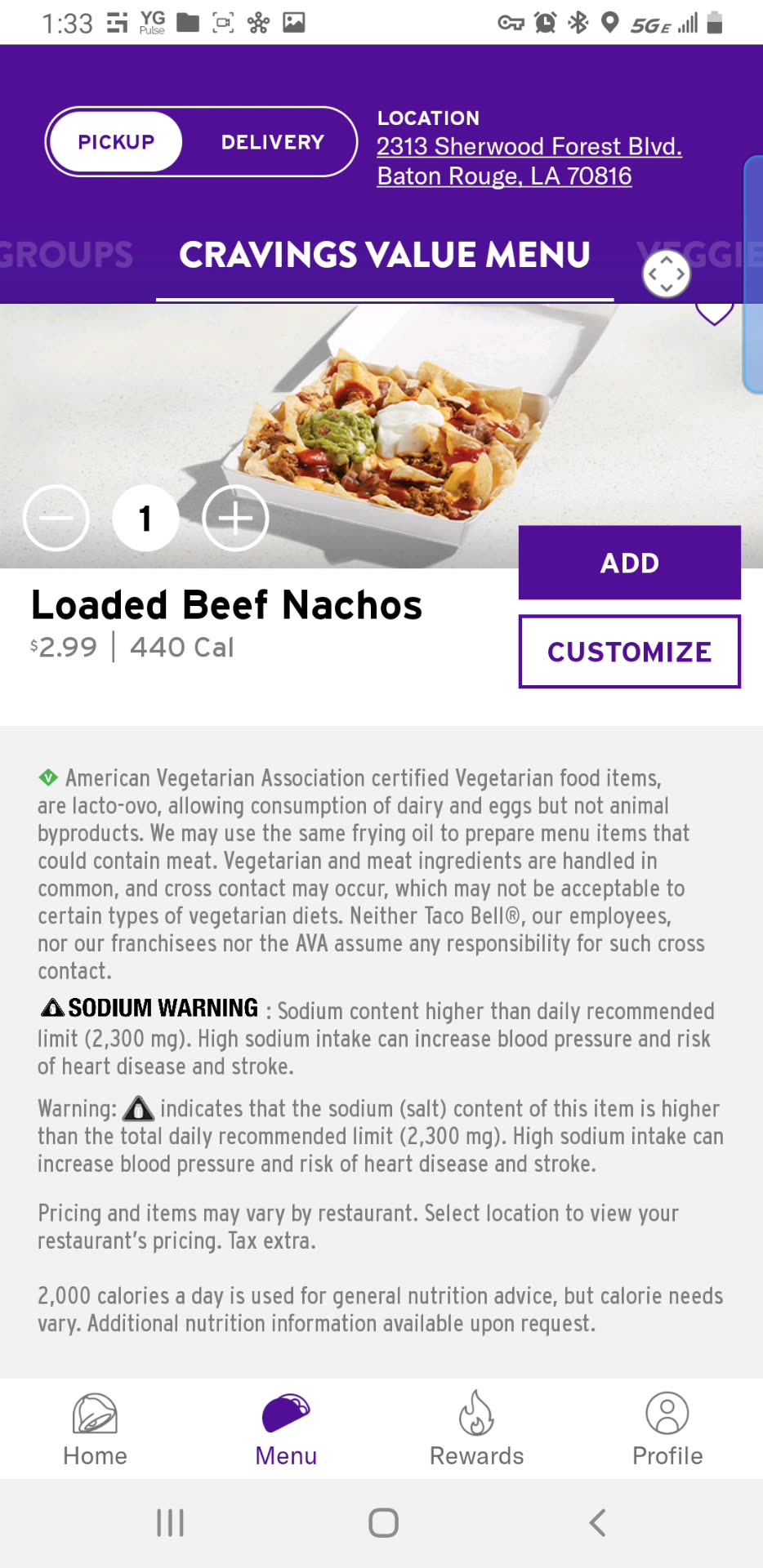 Cravings value menu at Tacobell