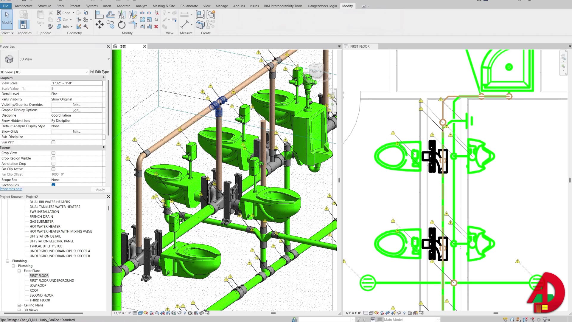 Plumbing Bathroom Core with Total Sanitary Fixture Units in Revit (Cast ...