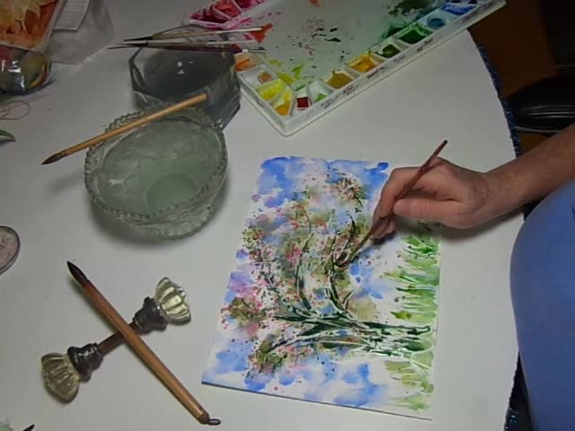 Watercolor of Spring Green Tree and Misket to keep the whites of the paper