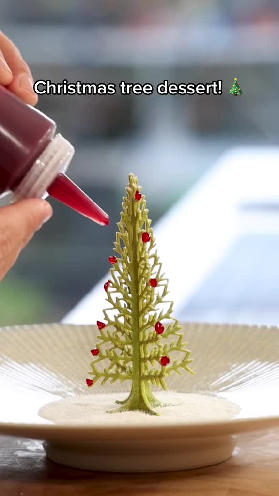 Christmas tree tuille, a hazelnut praline and a raspberry ganache