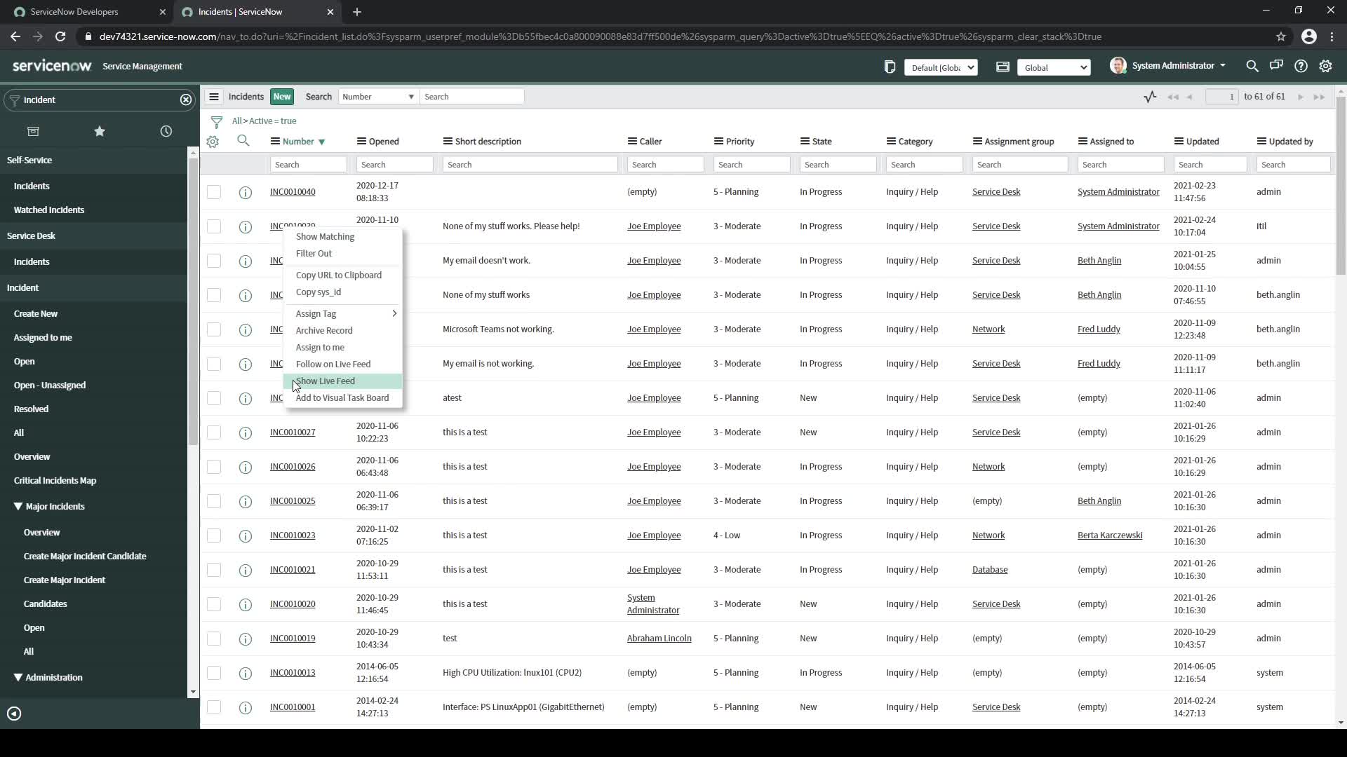 How do you see the live feed of a record from a list view in ServiceNow ...
