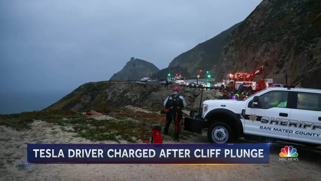 Man who drove Tesla off cliff with family inside charged with attempted ...