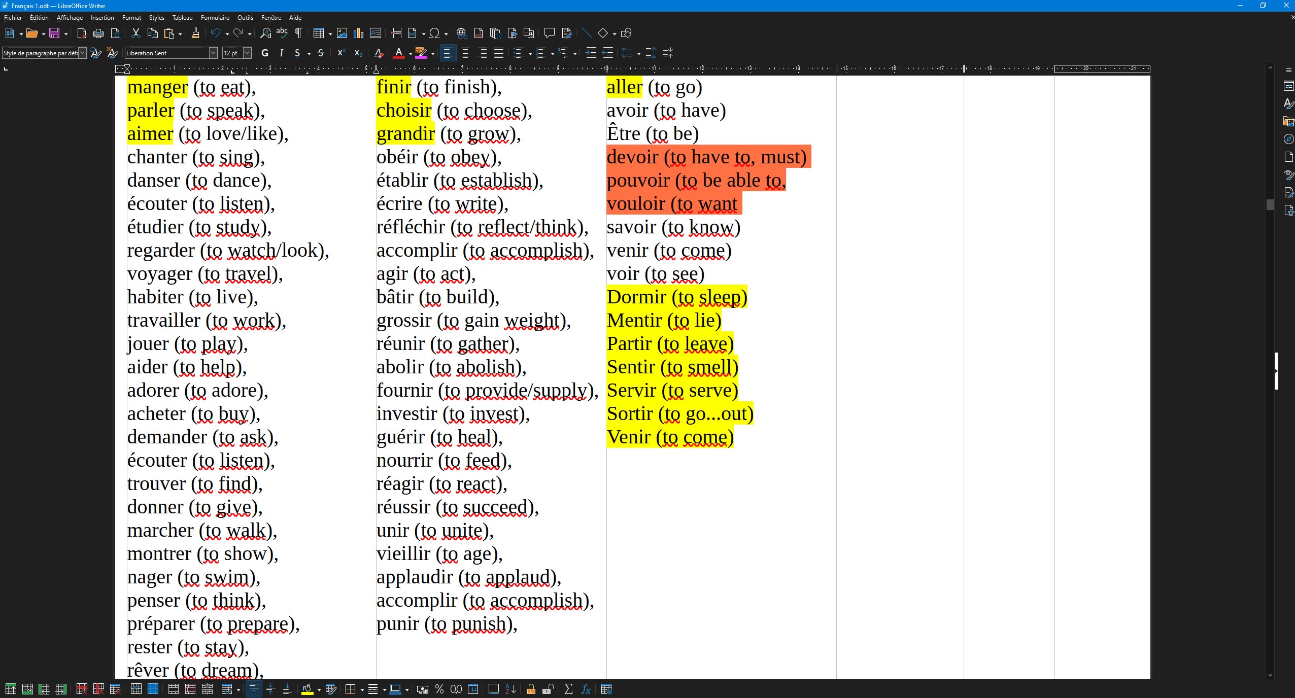 French 9 (complement) list of regular and irregular verbs (prononciation)