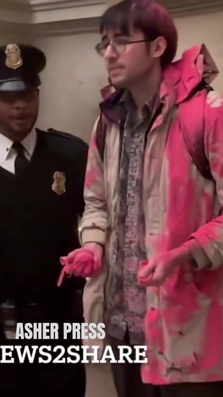 Climate activists pour pink powder on themselves and the display of the ...
