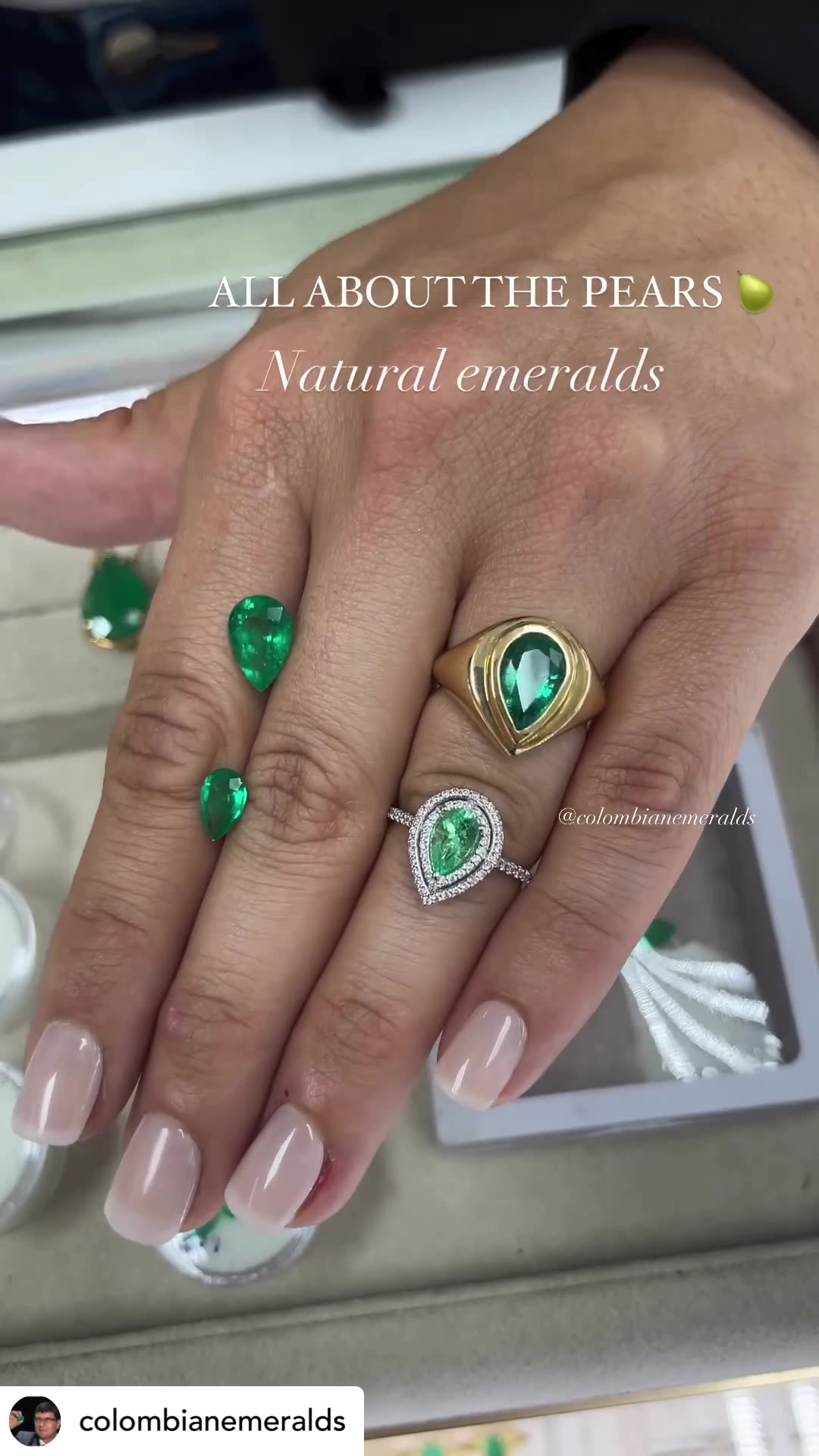 Pear shape Colombian emerald halo, three stone & solitaire classic ...