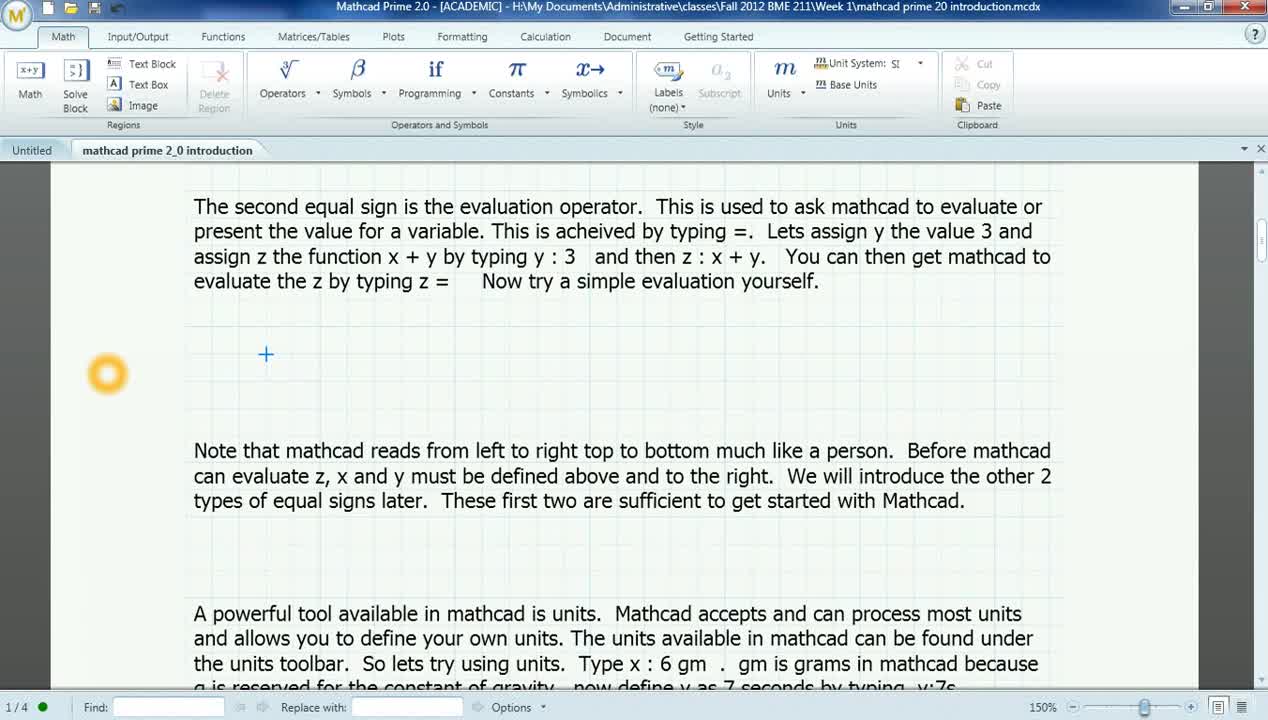 Mathcad Intro for BME200 at ASU