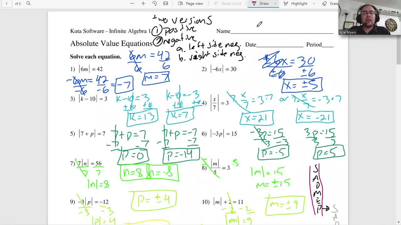 Absolute Value Equations- Algebra 1 Kuta Worksheet Series