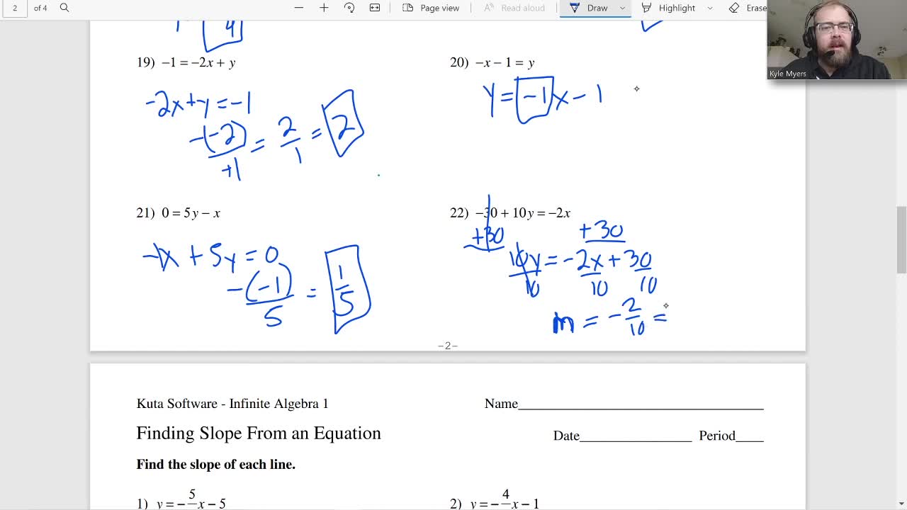 Finding Slope from an Equation- Algebra 1 Kuta Worksheet Series